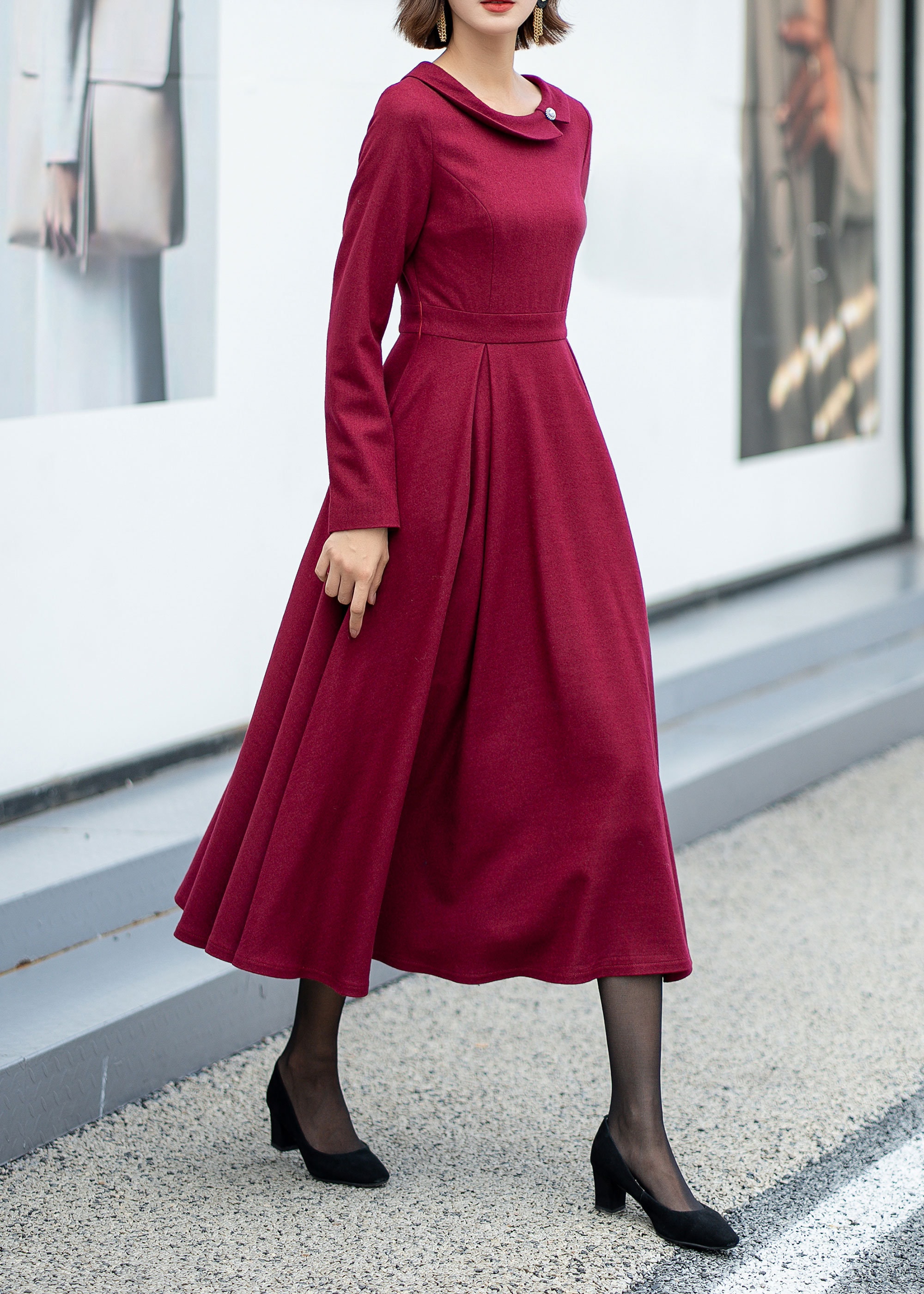 Red Wool Dress Midi Wool Dress Vintage Inspired Swing Wool - Etsy