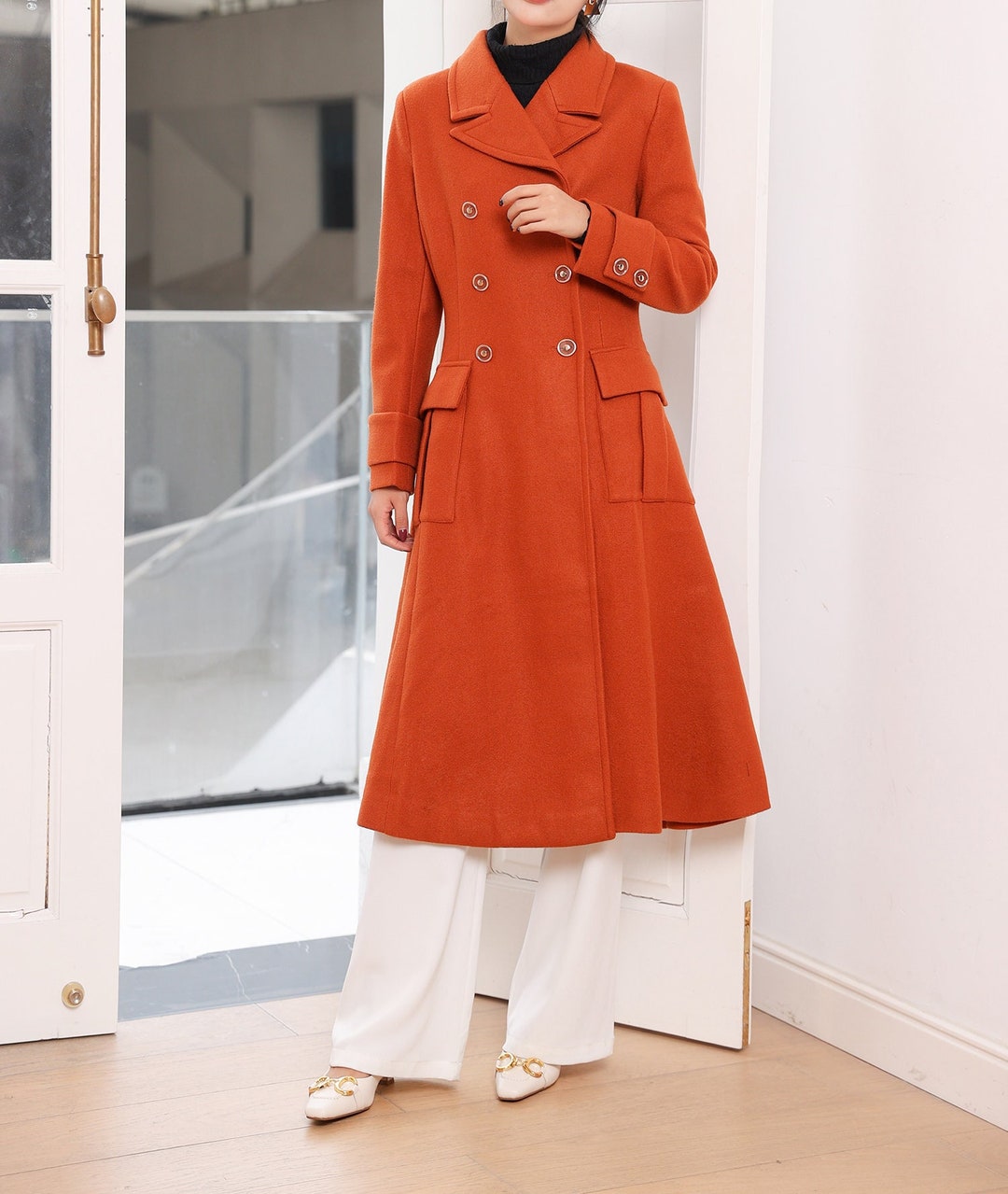 Orange Wool Coat, Women's Long Wool Coat, Winter Coat Women, Wool Coat ...