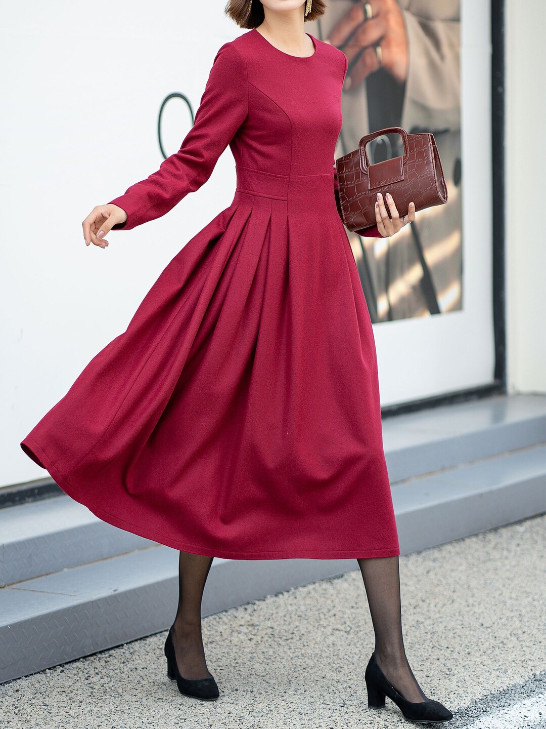 Midi Wool Dress, Red Long Wool Dress, Swing Wool Dress, Long Sleeves ...