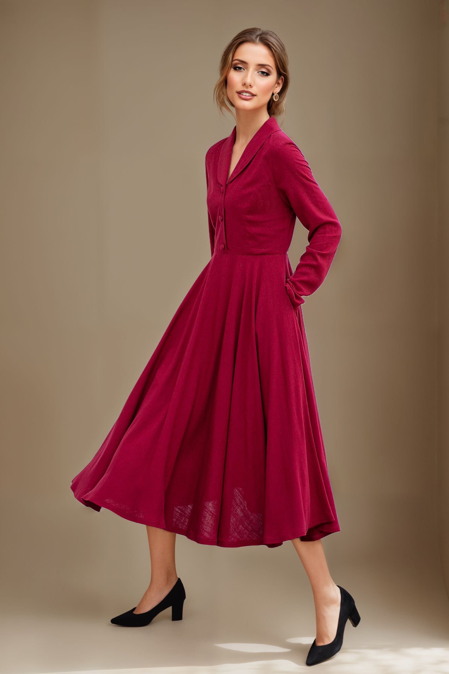 Wool Dress, Womens Wool Dress, Burgundy Long Dress, Swing Dress, Fitted ...