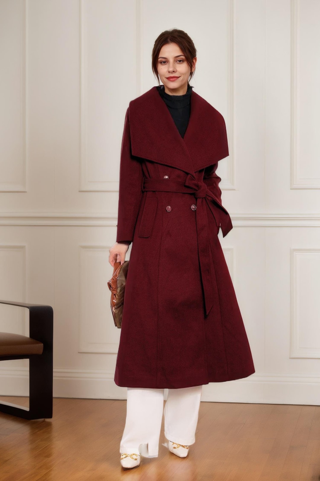 Elegant Burgundy Wool Blend Long Coat for Women, Chic Double-breasted ...