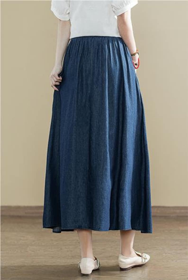 Denim Maxi Skirt, Denim Pleated Skirt, Long Denim Skirt, Women's Blue ...