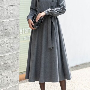 Wool Dress, Long Wool Dress, Fitted and Flare Dress, Gray Wool Dress ...