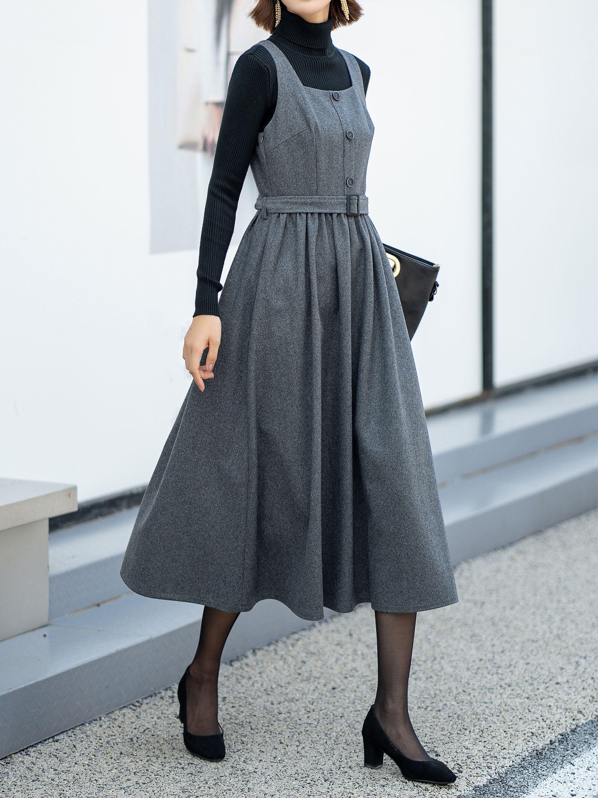 Gray Wool Pinafore Dress, Wool Apron Dress, Womens Midi Wool Dress ...
