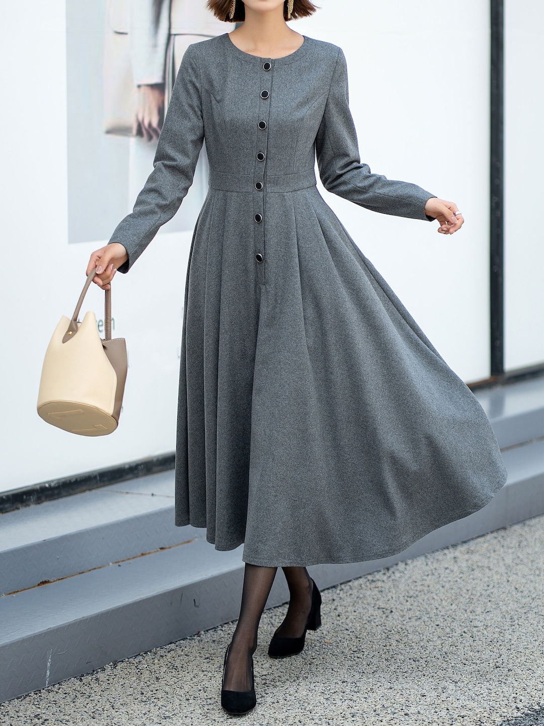 Midi Wool Dress, Gray Wool Dress, Winter Wool Dress Women, Long Sleeves ...