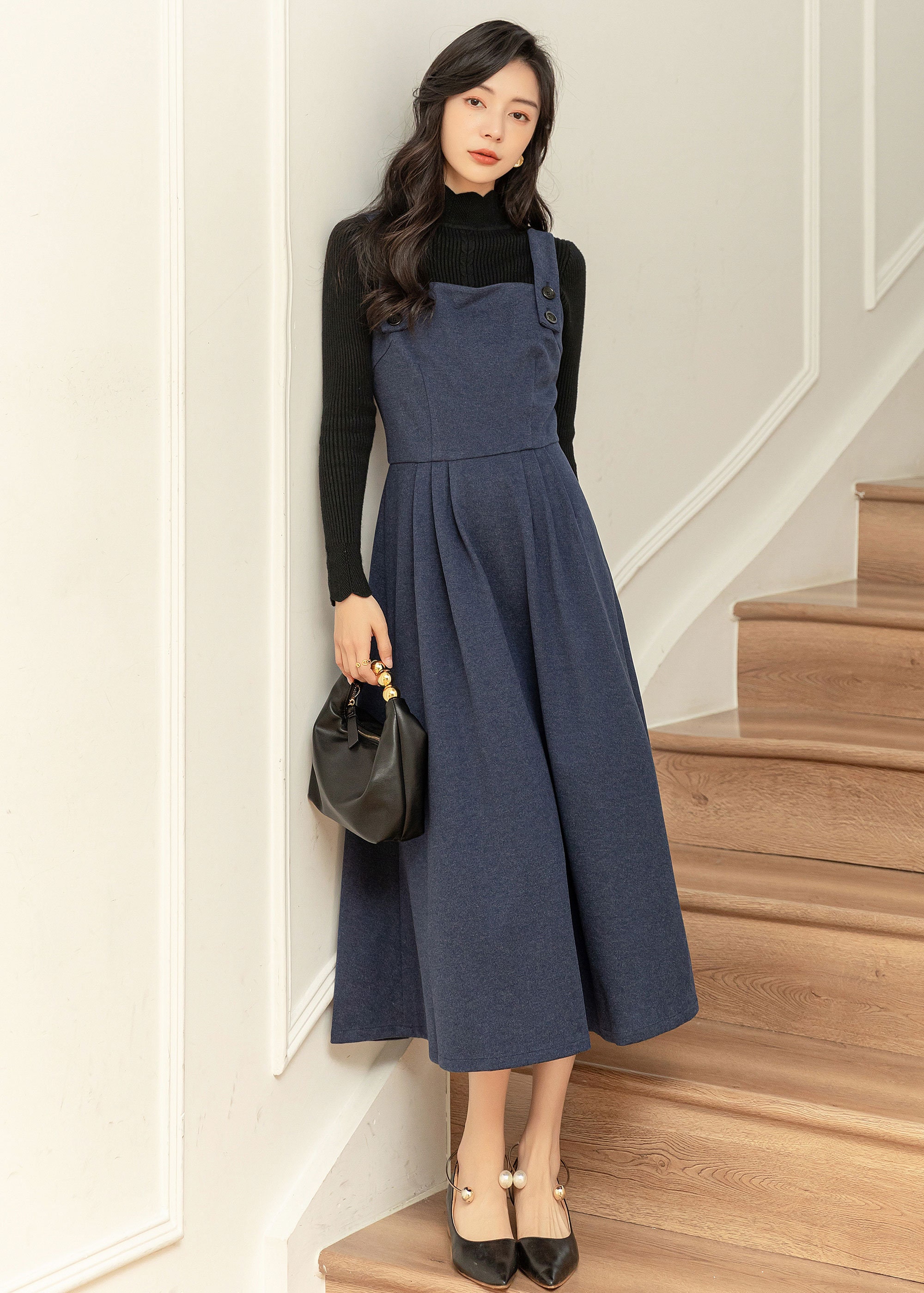 Wool Dress, Blue Pinafore Dress, Suspender Dress, Wool Midi Dress for ...