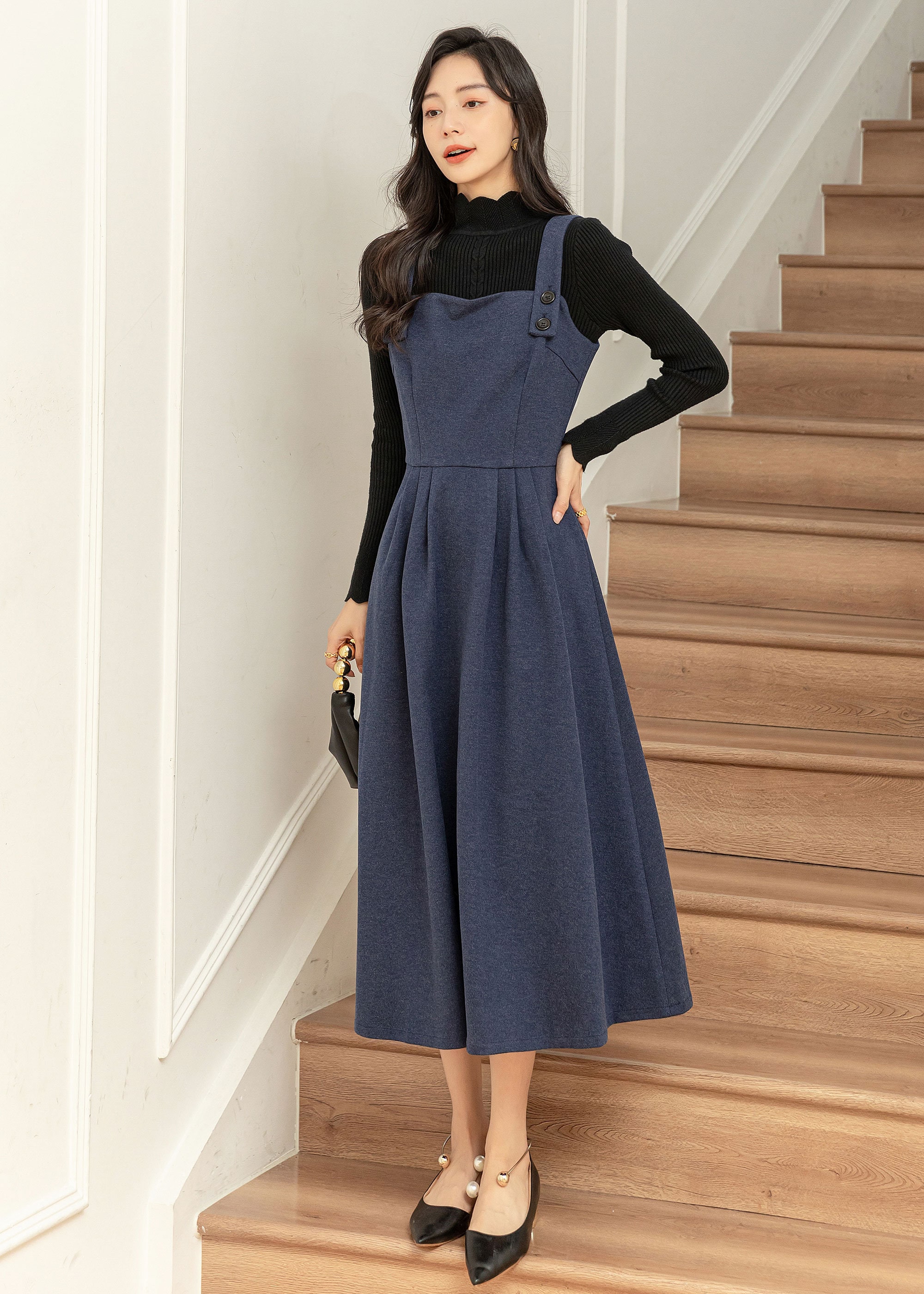 Wool Dress, Blue Pinafore Dress, Suspender Dress, Wool Midi Dress for ...