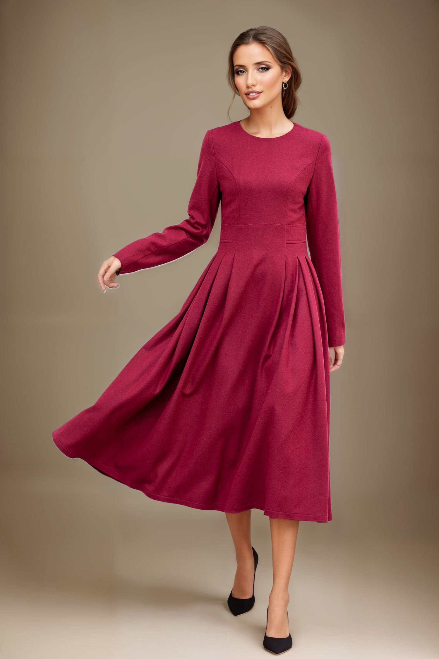 Midi Wool Dress, Red Long Wool Dress, Swing Wool Dress, Long Sleeves ...