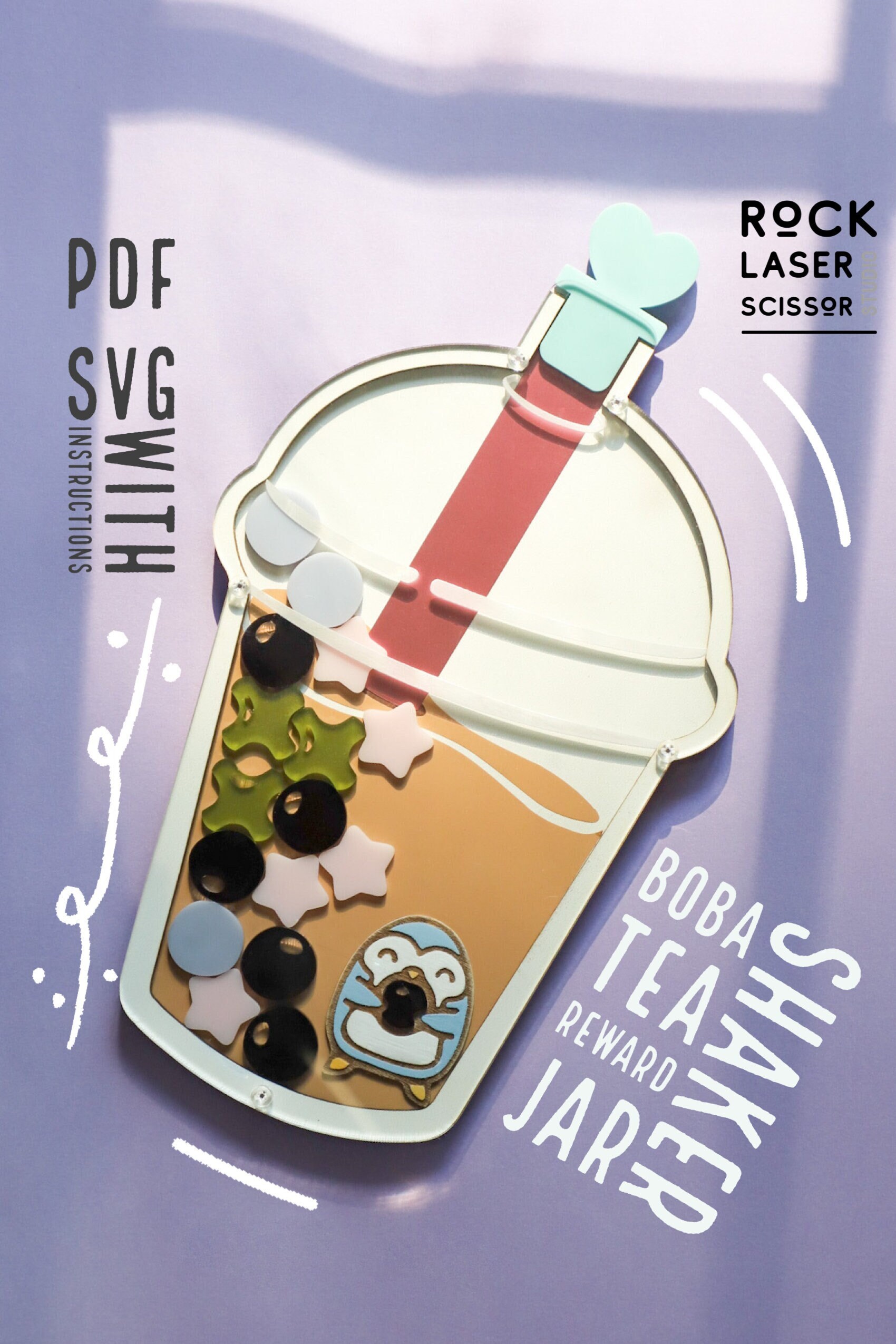 Digital SVG PDF ESP Reward Jar Bubble Tea Shaker W/ Penguin Charm Boba ...