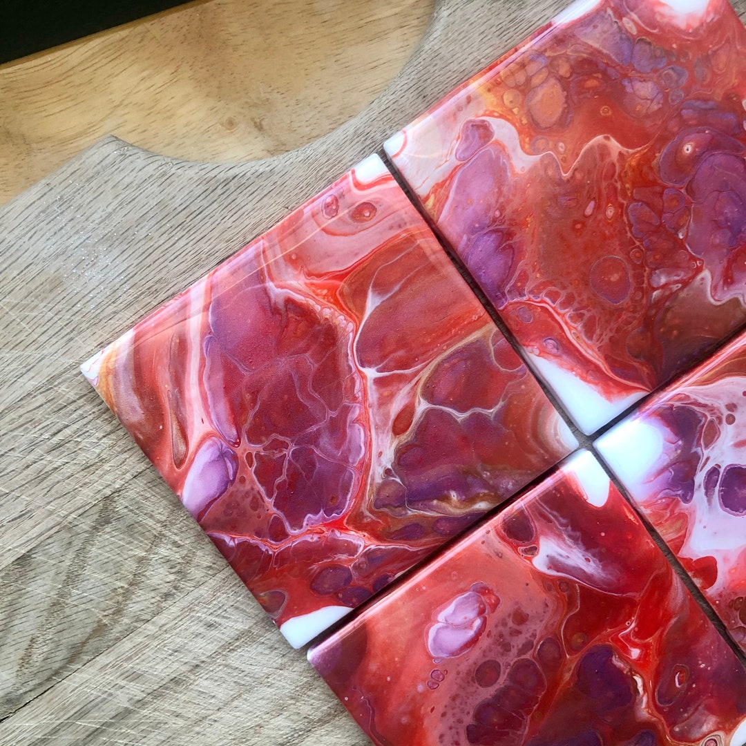 Set of Four Coasters Square Tile Coasters Acrylic Pour Art - Etsy