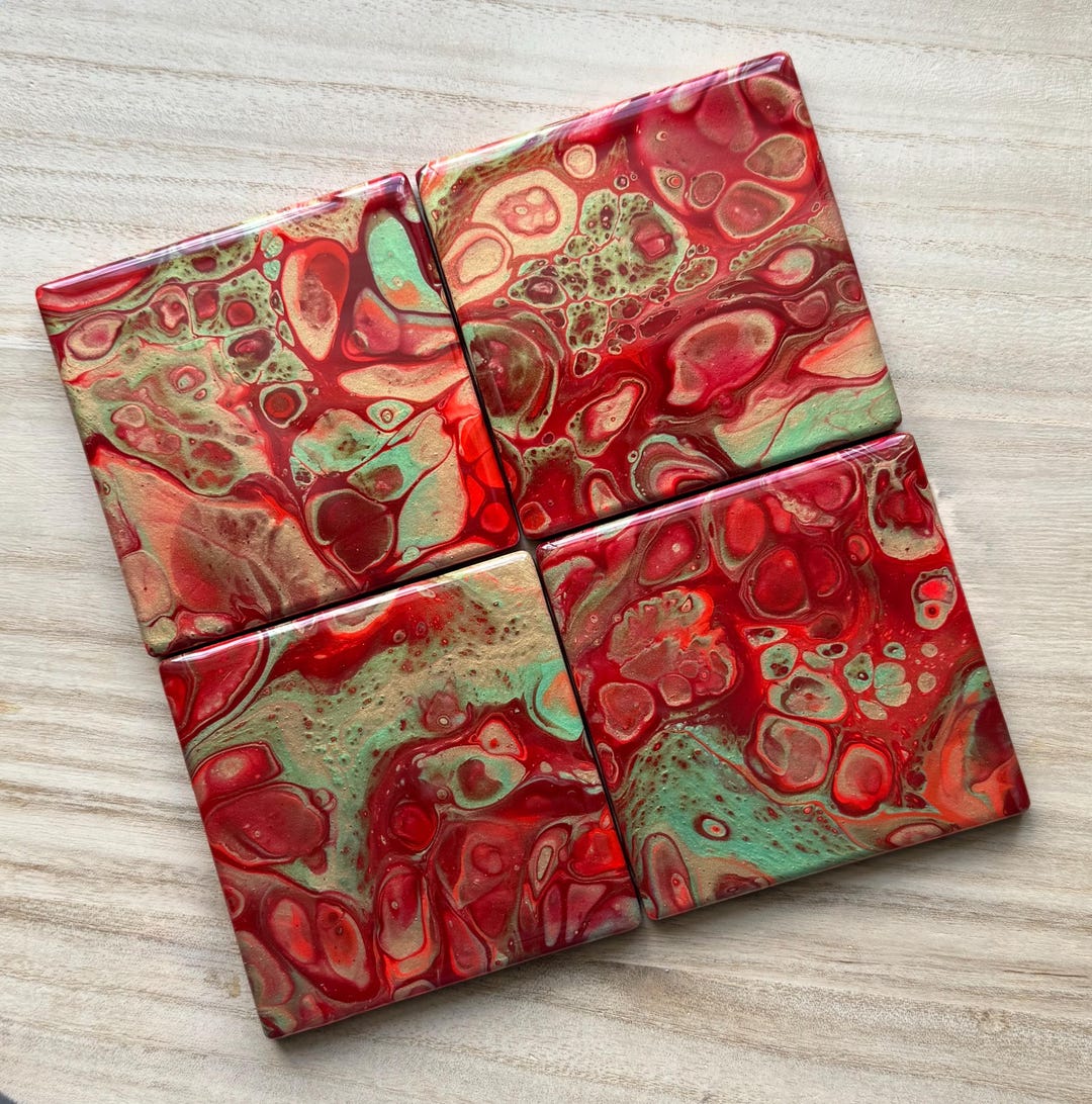 Set of 4 Square Coasters, Red Fluid Art, Coaster Set of 4, Acrylic Pour ...