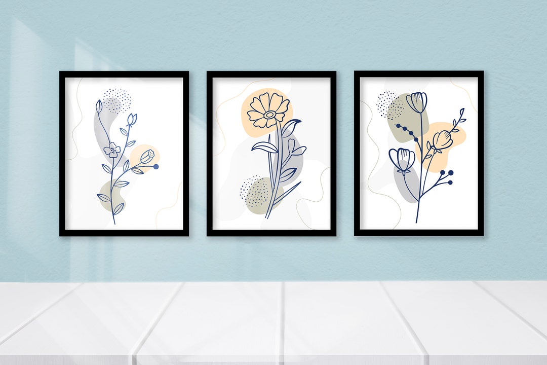 Hand Drawn Line Style Flower Art Print Set of 3 Ready to Print - Etsy
