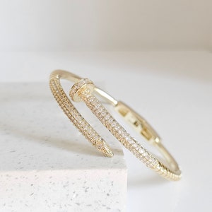 Dainty Gold Bangle Bracelet, Women's Gold Bangle, Simulated Diamonds ...