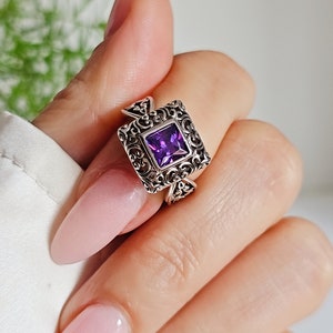 Amethyst Ring, Bali Square Princess Cut Amethyst, Sterling Silver Ring ...