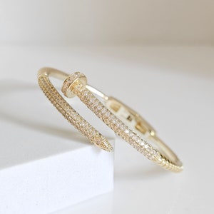 Dainty Gold Bangle Bracelet, Women's Gold Bangle, Simulated Diamonds ...