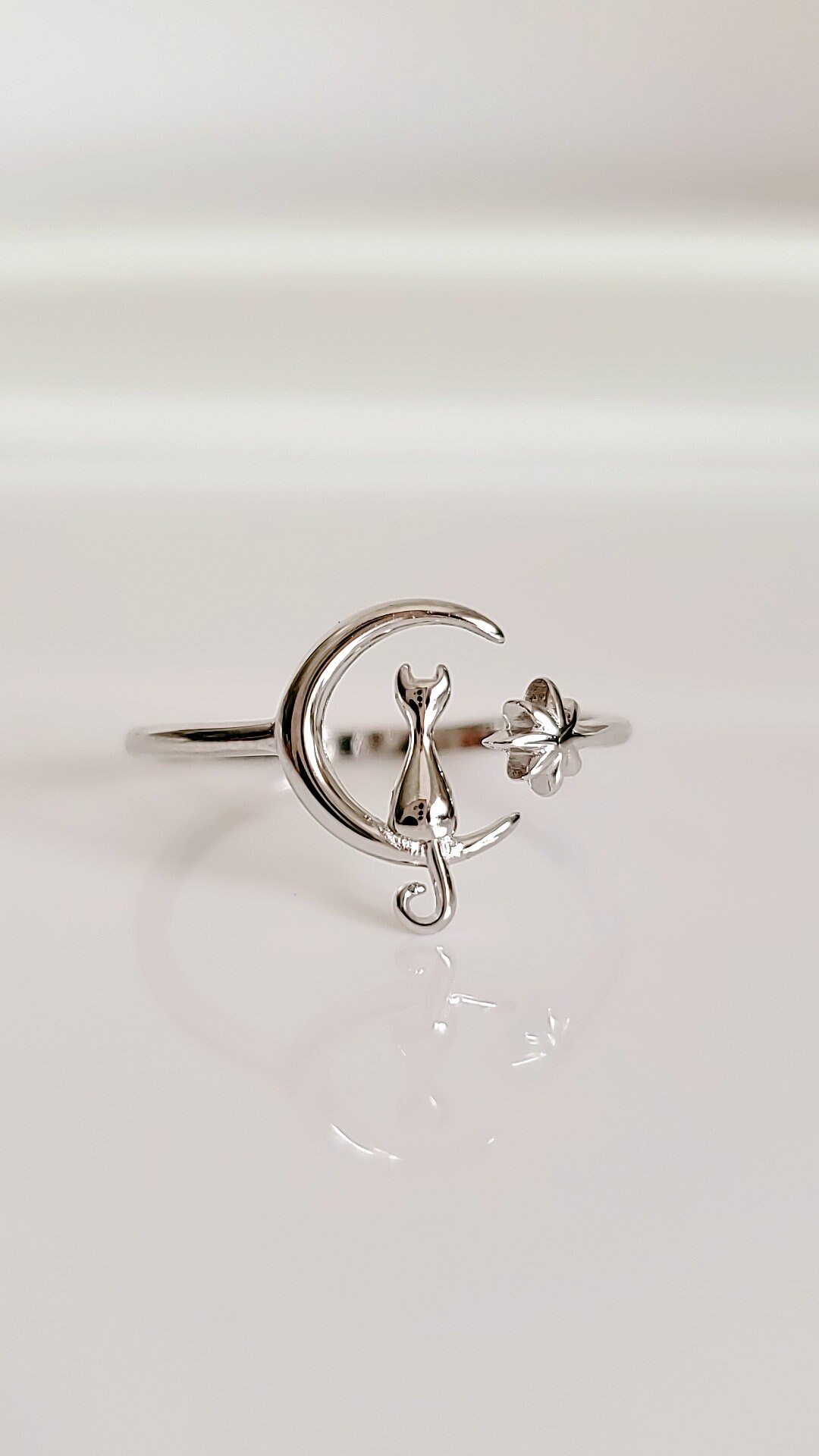 Sterling Silver Cat Sitting on the Moon Ring, Dainty Cat Ring, Cat ...