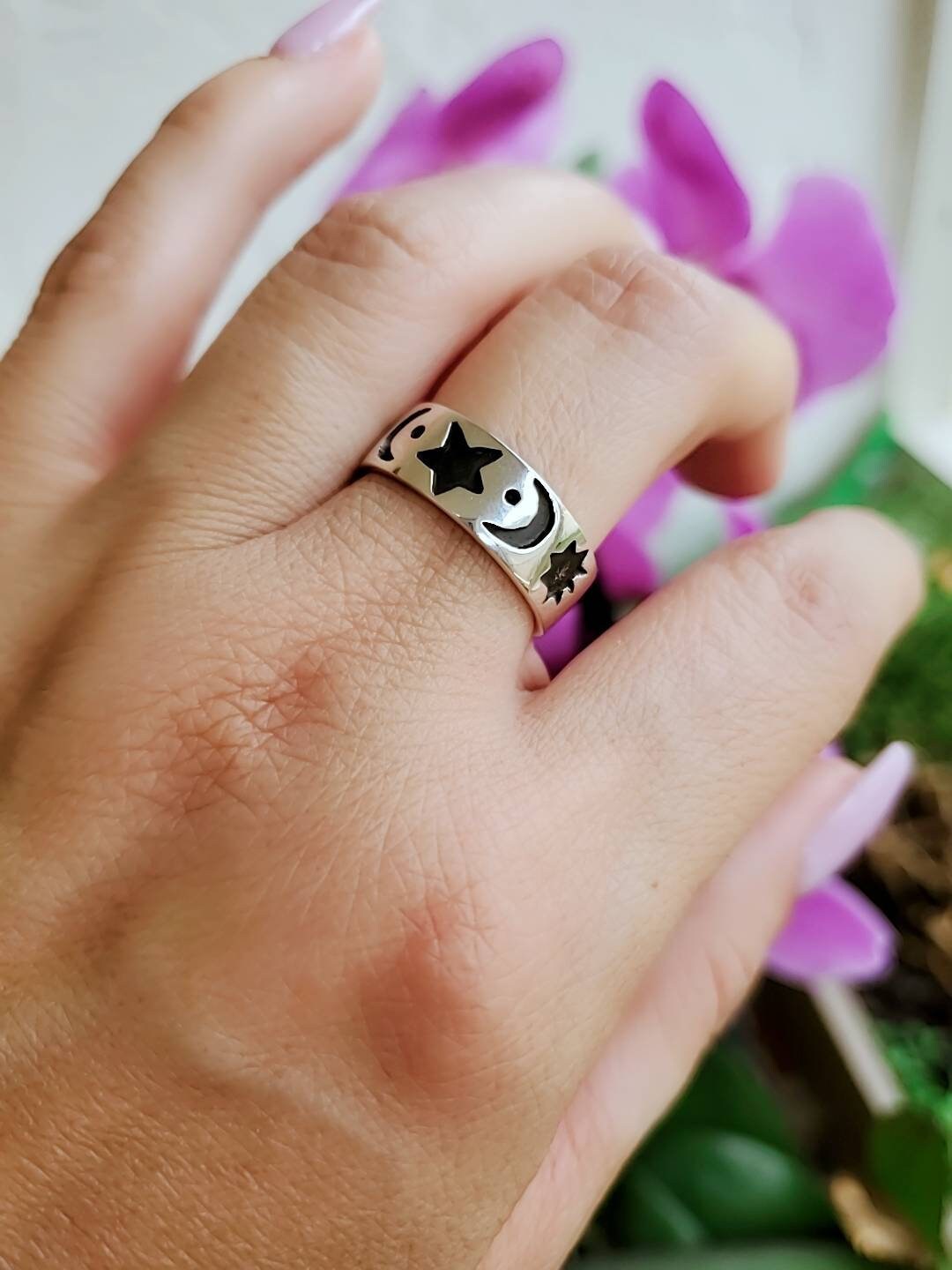 Moon Star Ring Band, Celestial Ring, Crescent Ring, Sterling Silver ...