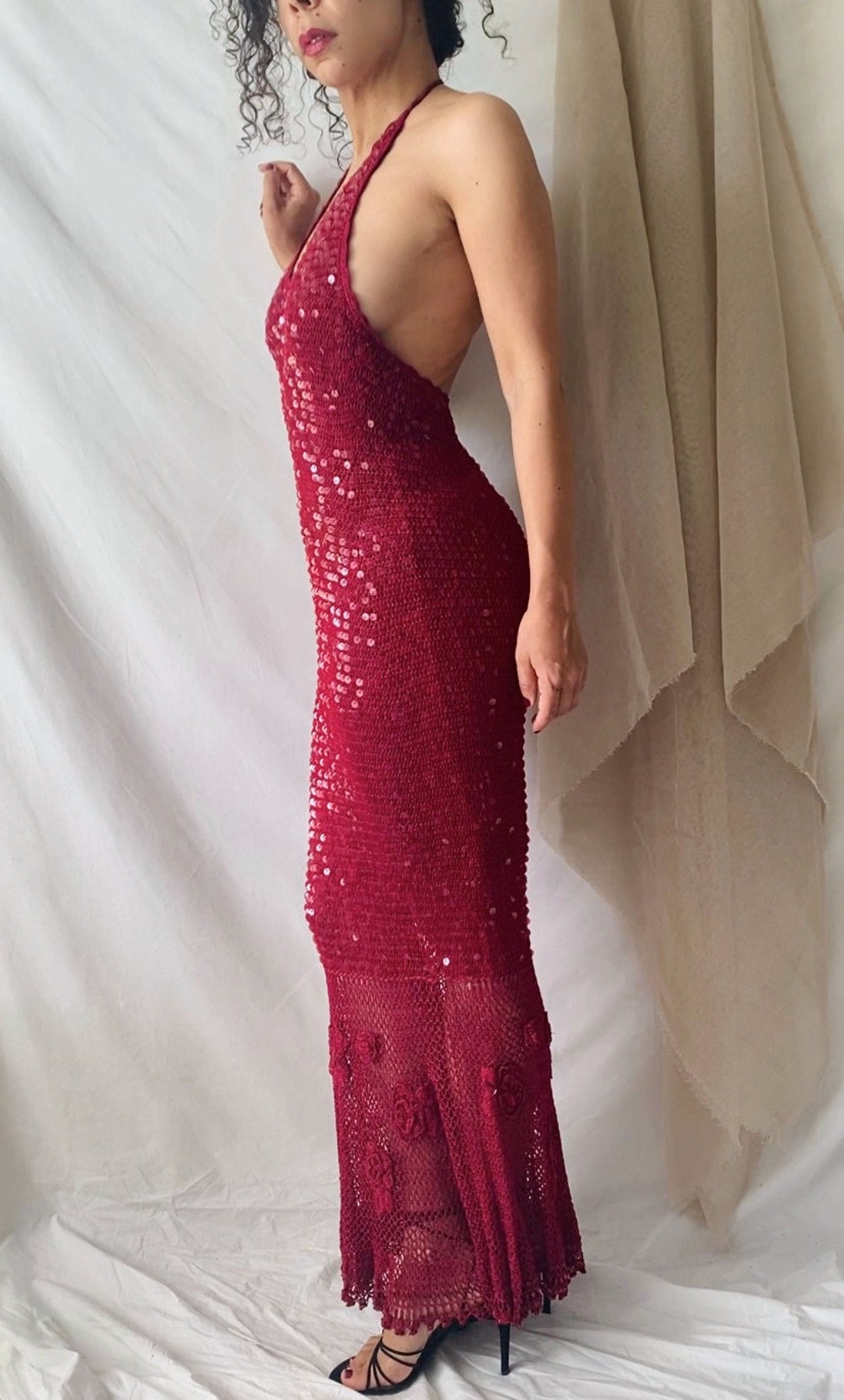 Vintage Crochet Sequin Red Bombshell Halter Gown Medium - Etsy