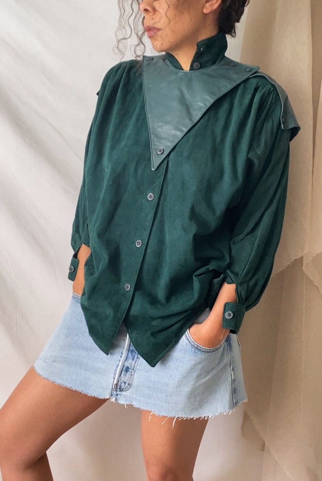 Vintage 80s Forest Green Suede Leather Shirt | Large Medium Small - Etsy