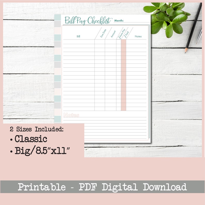 Monthly Bill Pay Checklist - Minimalist - Size: Classic and Big (8.5" X ...