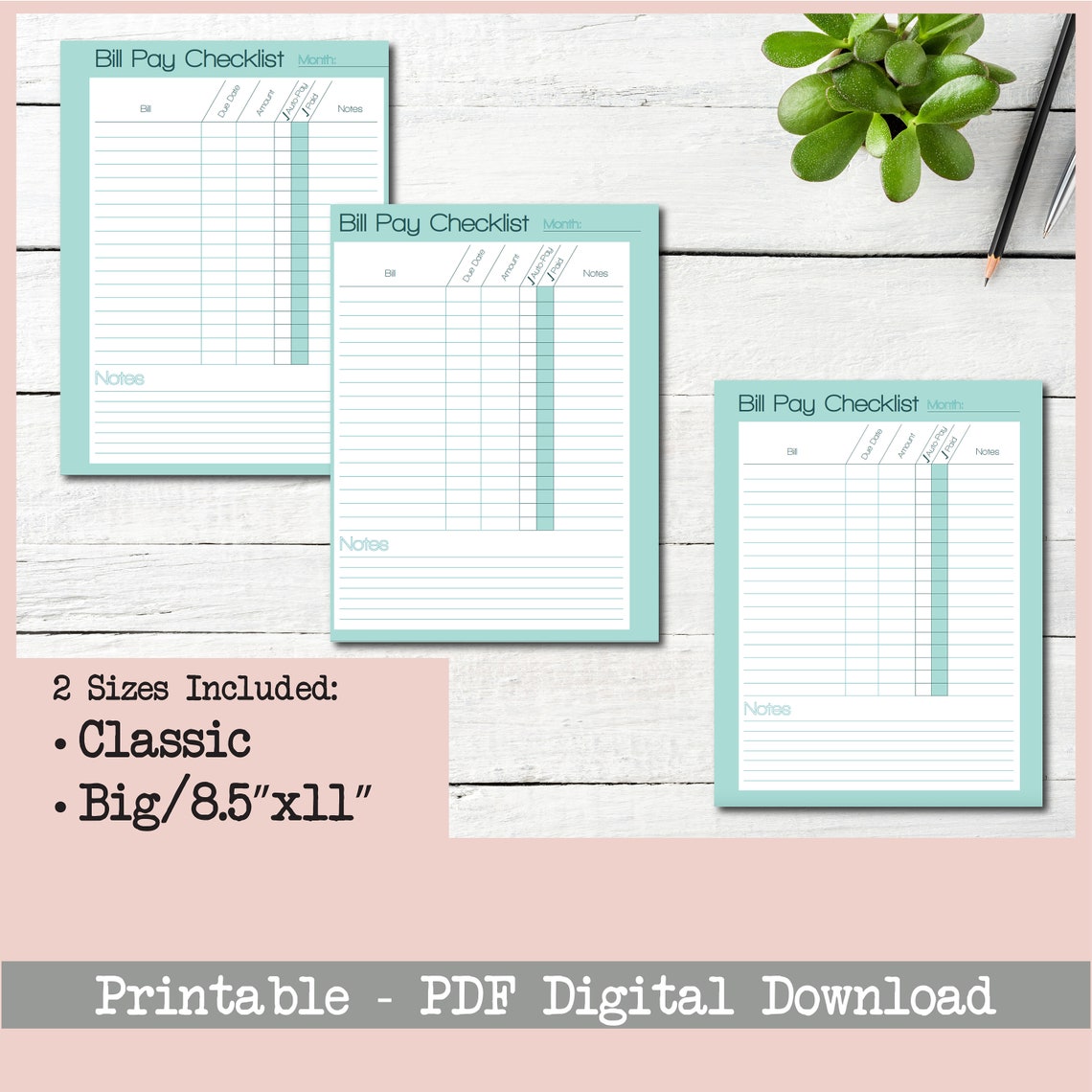 Monthly Bill Pay Checklist Printable - Turquoise - Sizes: Classic and ...