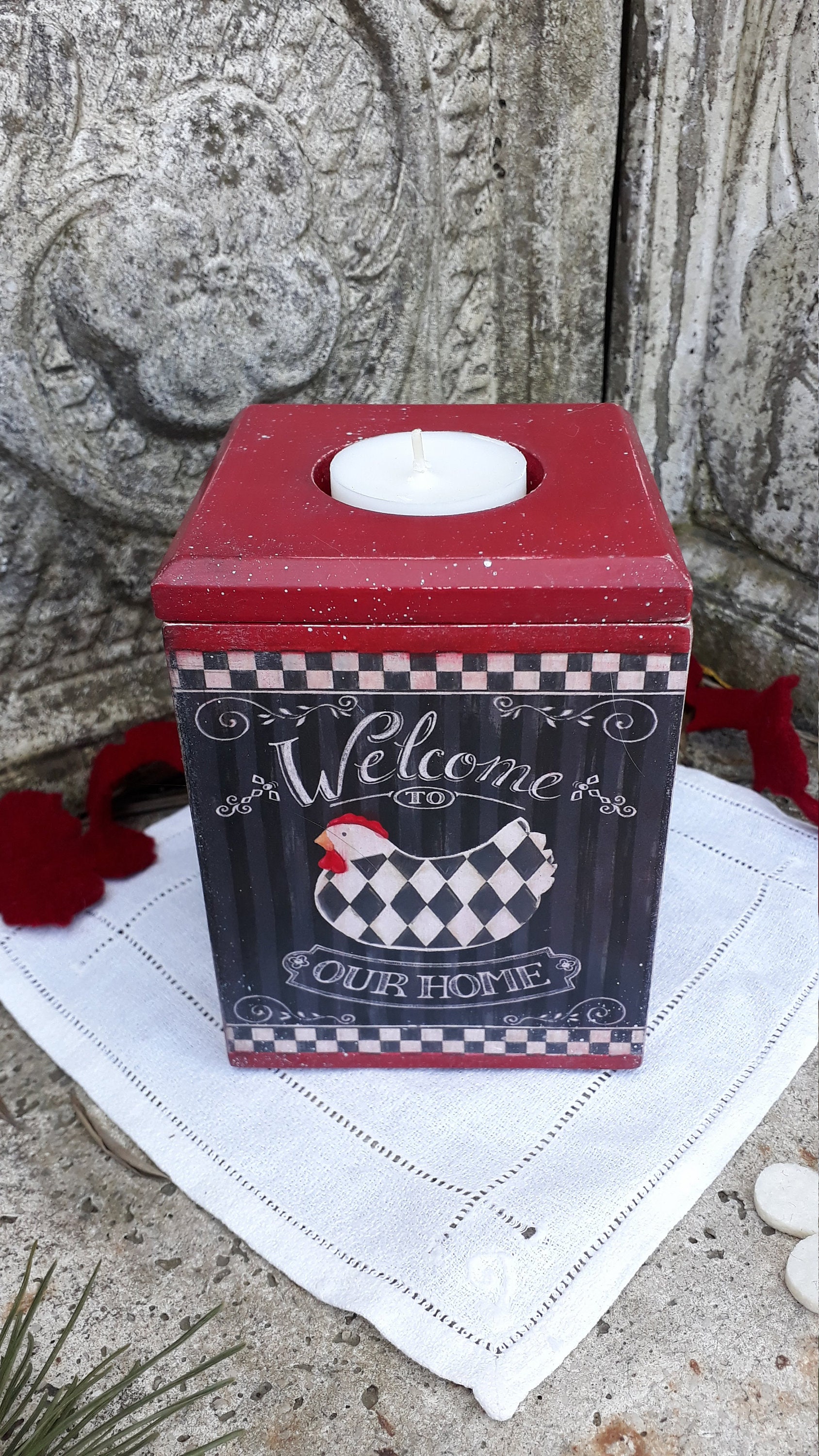 Wooden Rooster Box With Lid Tealight Holder, Vintage Look Box ...