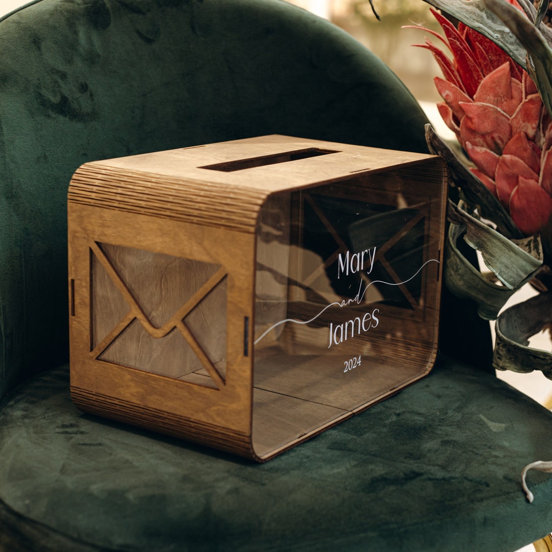 Rustic Acrylic Card Box With Slot, Wood Keepsake Chest, Boho Wedding ...