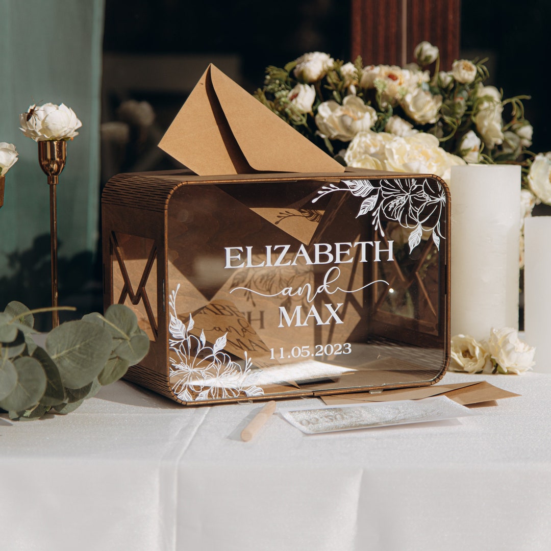 Boho Wedding Decor, Acrylic Card Box With Slot, Wood Keepsake Chest ...