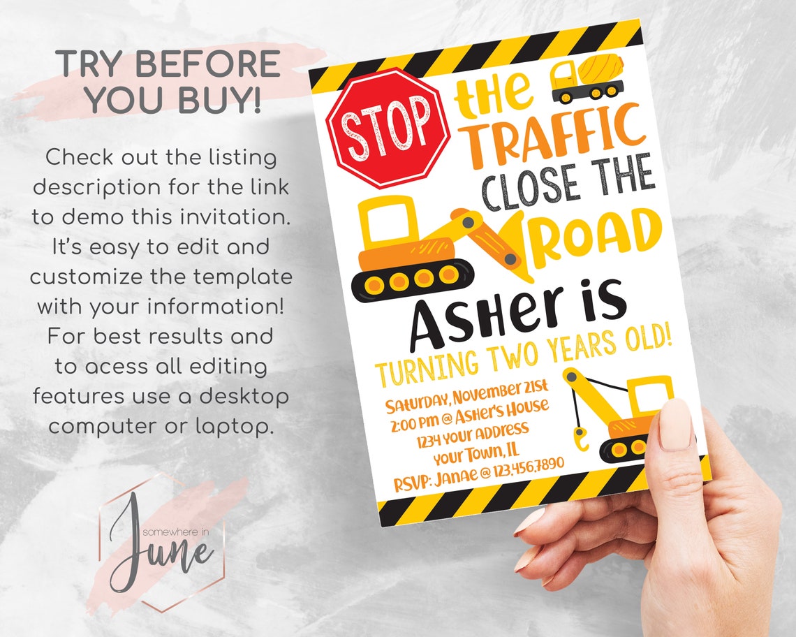 Construction Invitation EDITABLE, Road Work Birthday Invitation ...