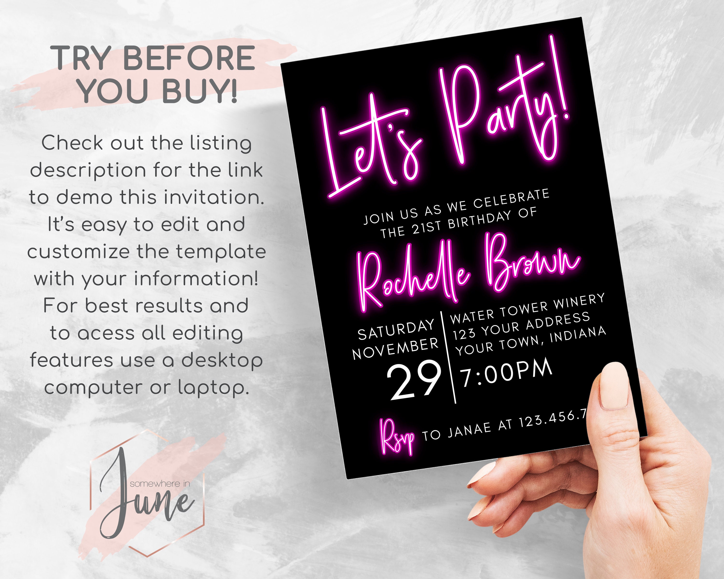Neon Light Invitation EDITABLE, Any Age Birthday, Let's Party, Hot Pink ...