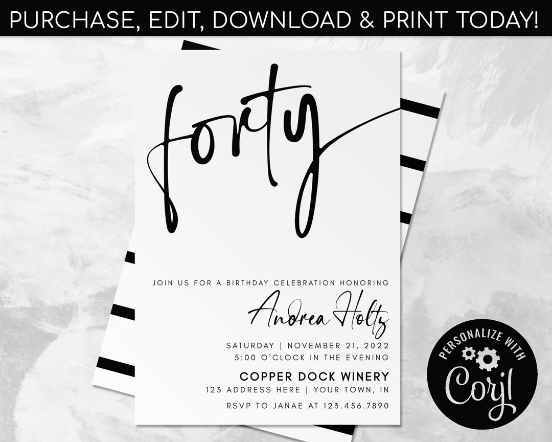Minimalist 40th Birthday Invitation EDITABLE, Modern Birthday ...