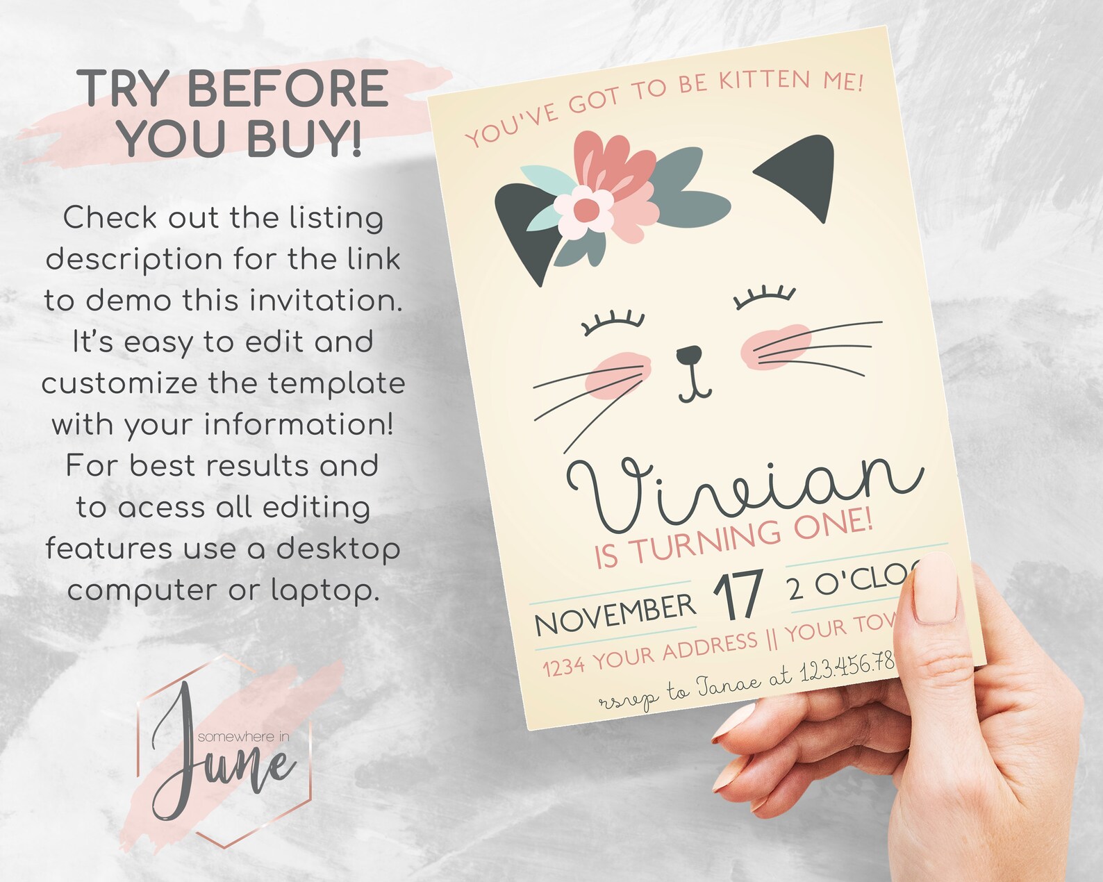 Kitten Invitation EDITABLE, Kitten Birthday Invitation, Kitten Birthday ...