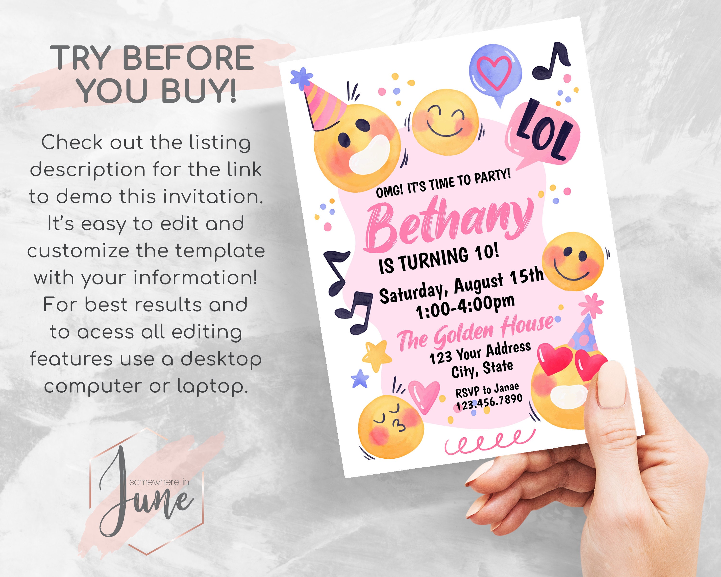 Emoji Party Invitation EDITABLE, Emoji Invitation, Tween Birthday Party ...