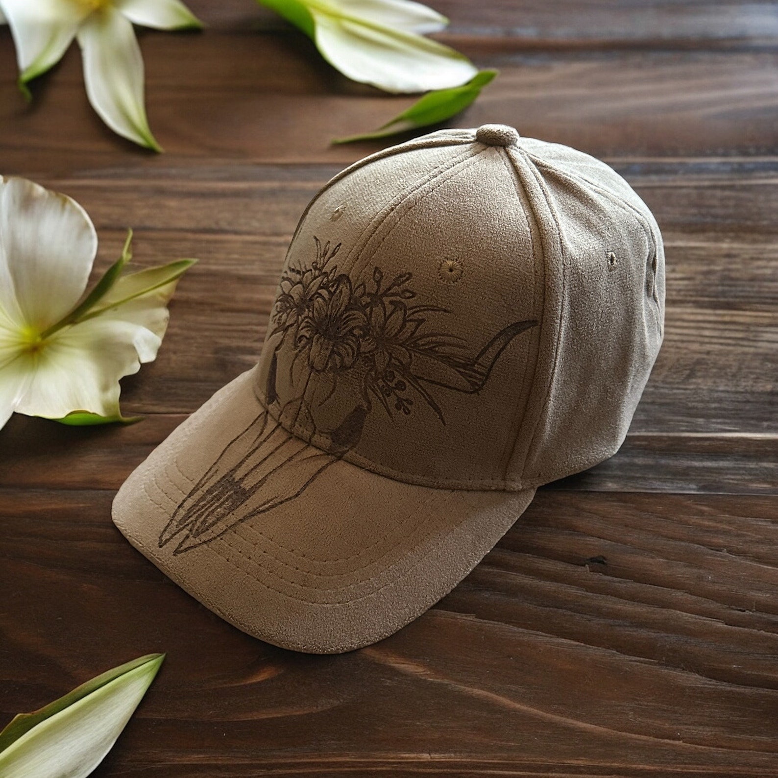 Made to Order - Hand Burned Floral Bull Skull Hat With Lilies, Western ...