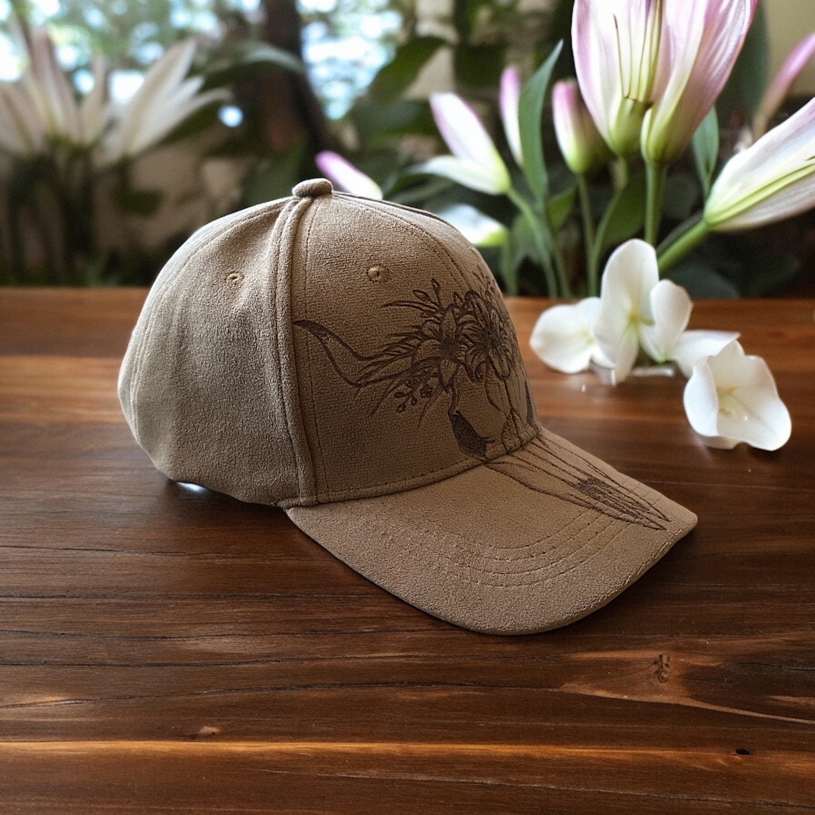 Made to Order - Hand Burned Floral Bull Skull Hat With Lilies, Western ...
