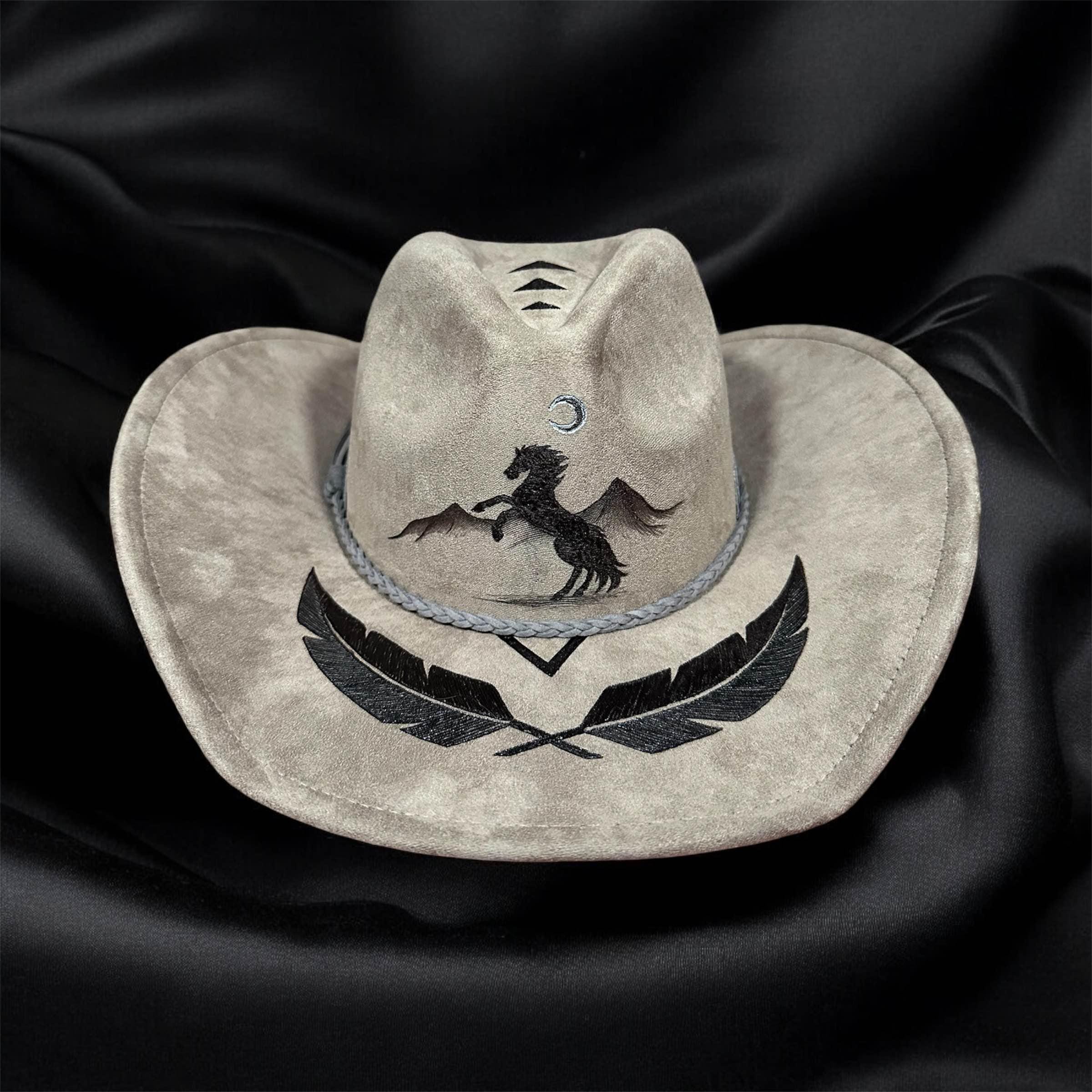 Hand Burned Cowgirl Hat With Rearing Horse Design, Southwest Feather ...