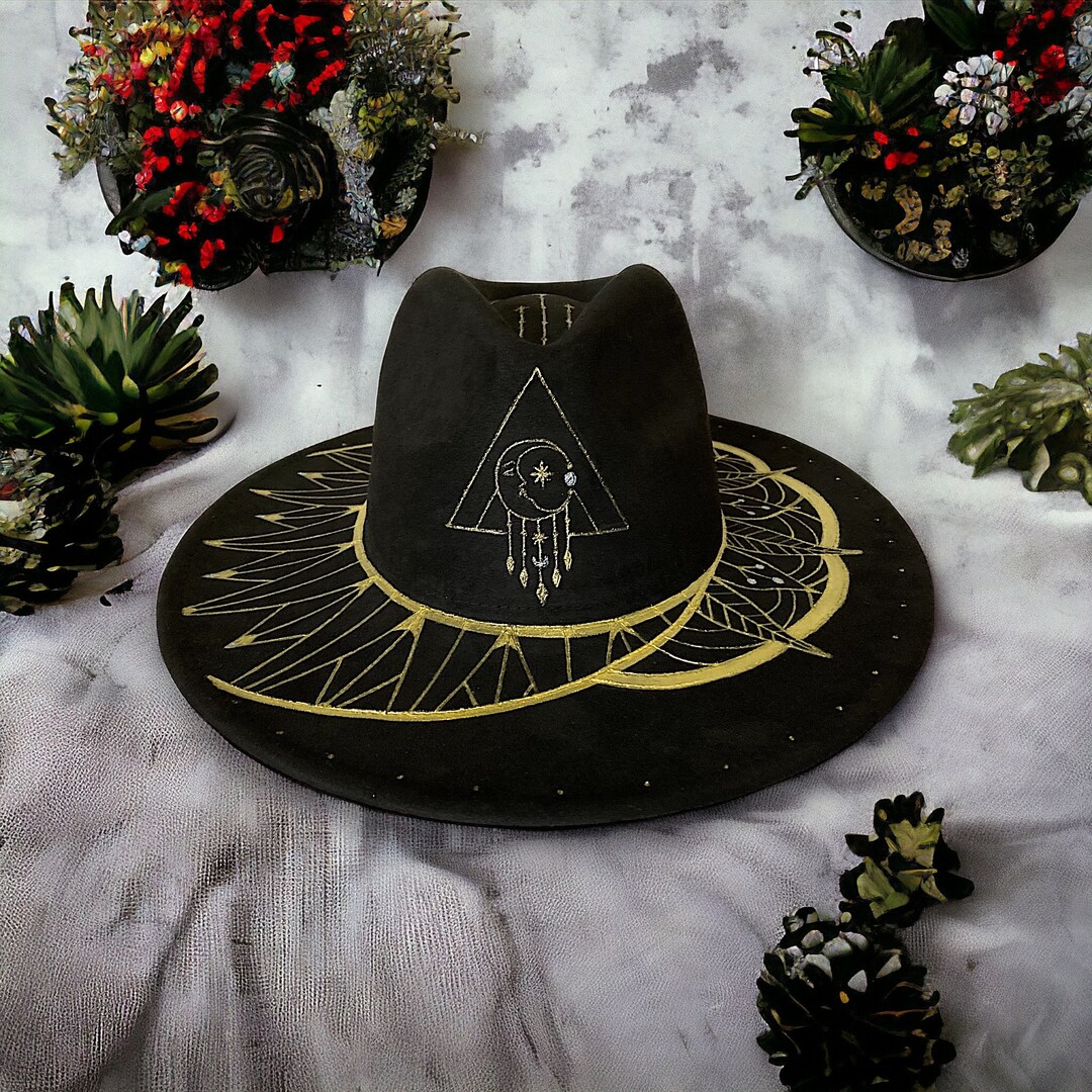Made to Order - Hand Painted Tarot Card Hat in Black and Gold, Sun and ...