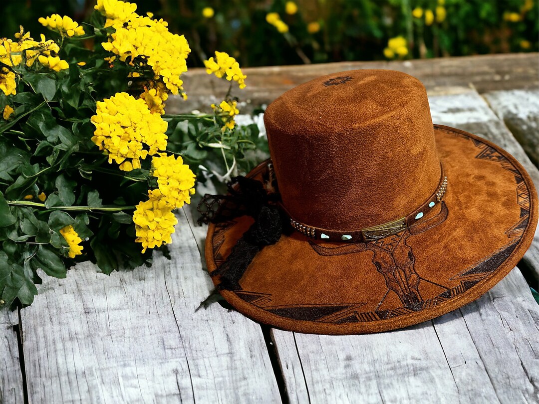 Made to Order - Western Aztec Bull Skull Fedora Hat, Hand Burned Wide ...