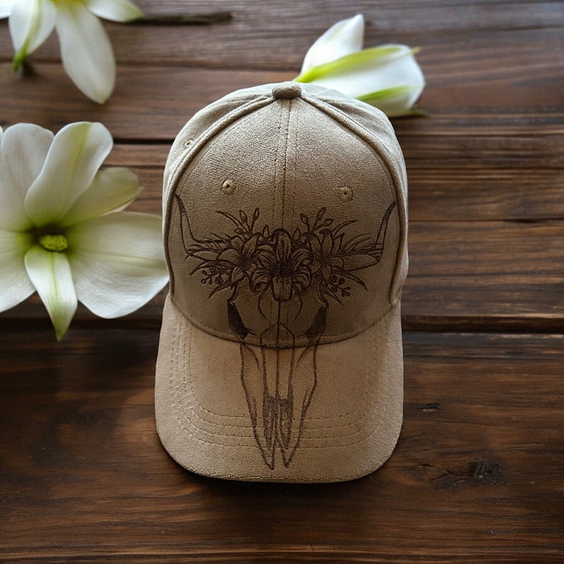 Made to Order - Hand Burned Floral Bull Skull Hat With Lilies, Western ...