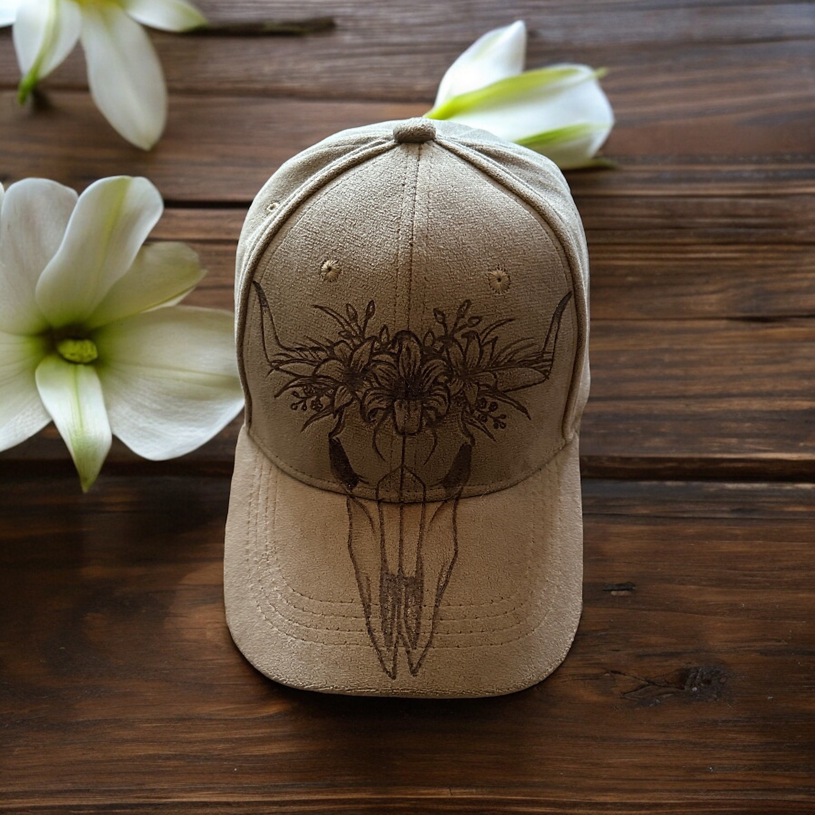 Made to Order - Hand Burned Floral Bull Skull Hat With Lilies, Western ...