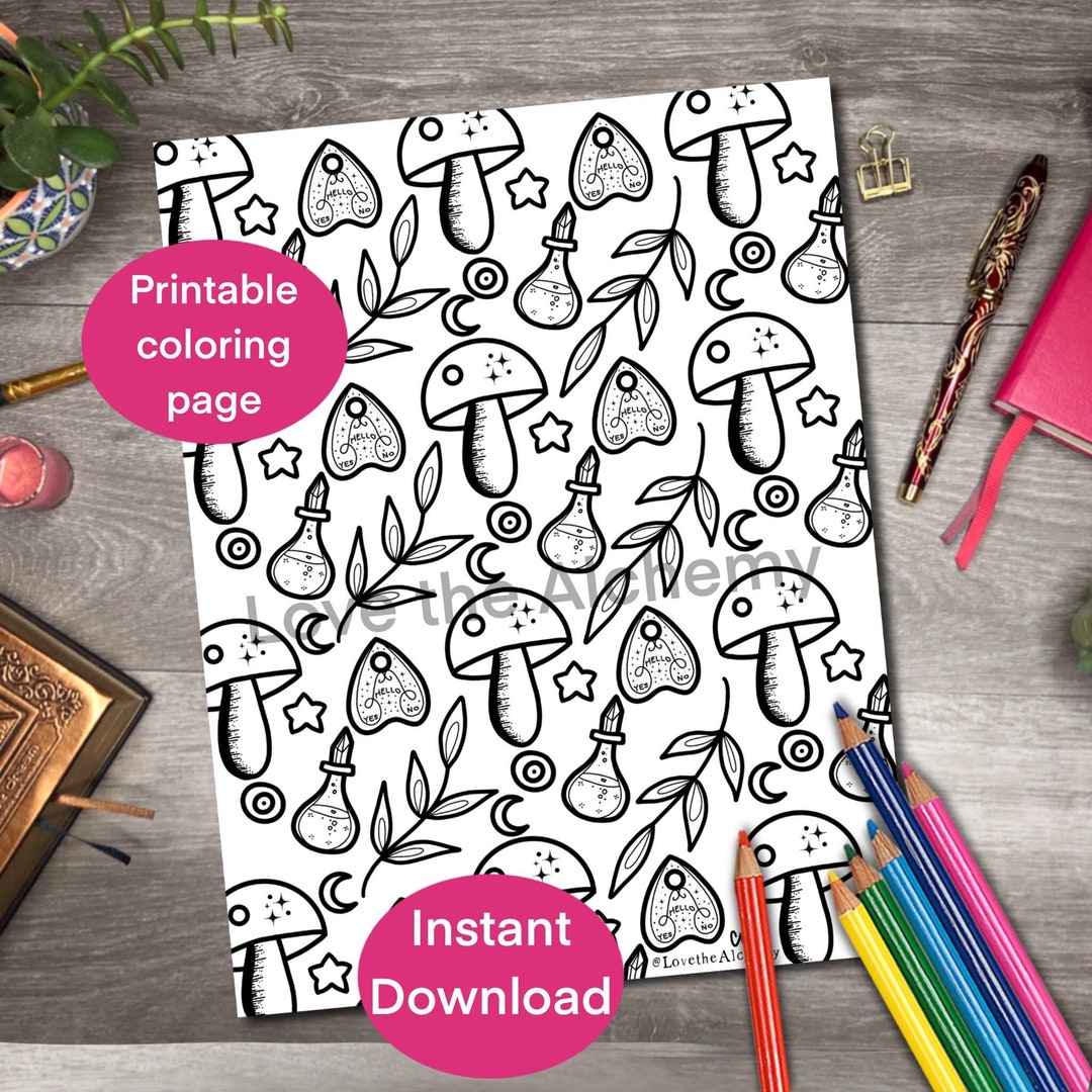 Witchy Mushroom Coloring Page, Arts & Crafts, Digital Printable (PDF ...