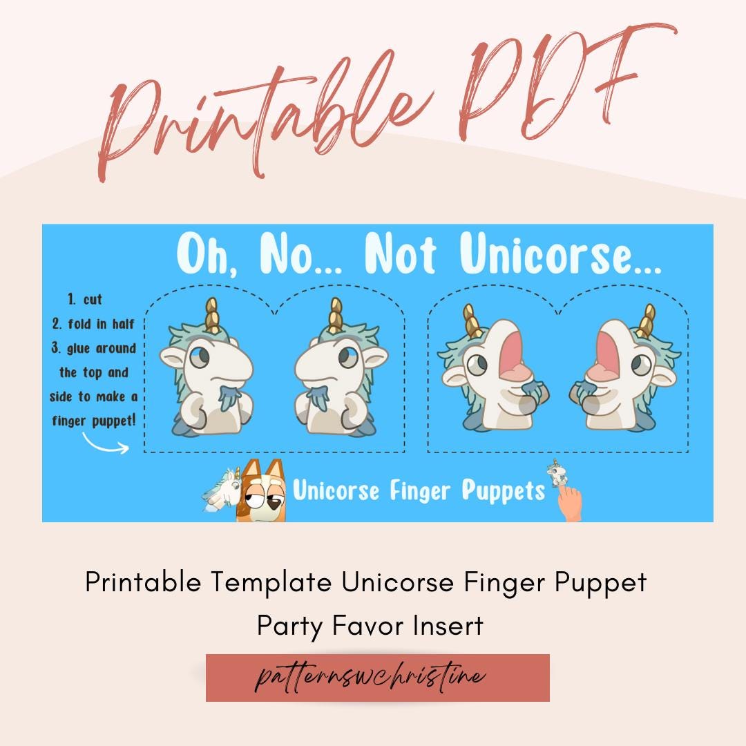 Unicorse Finger Puppet Bluey Printable Template Birthday Party Goodie ...