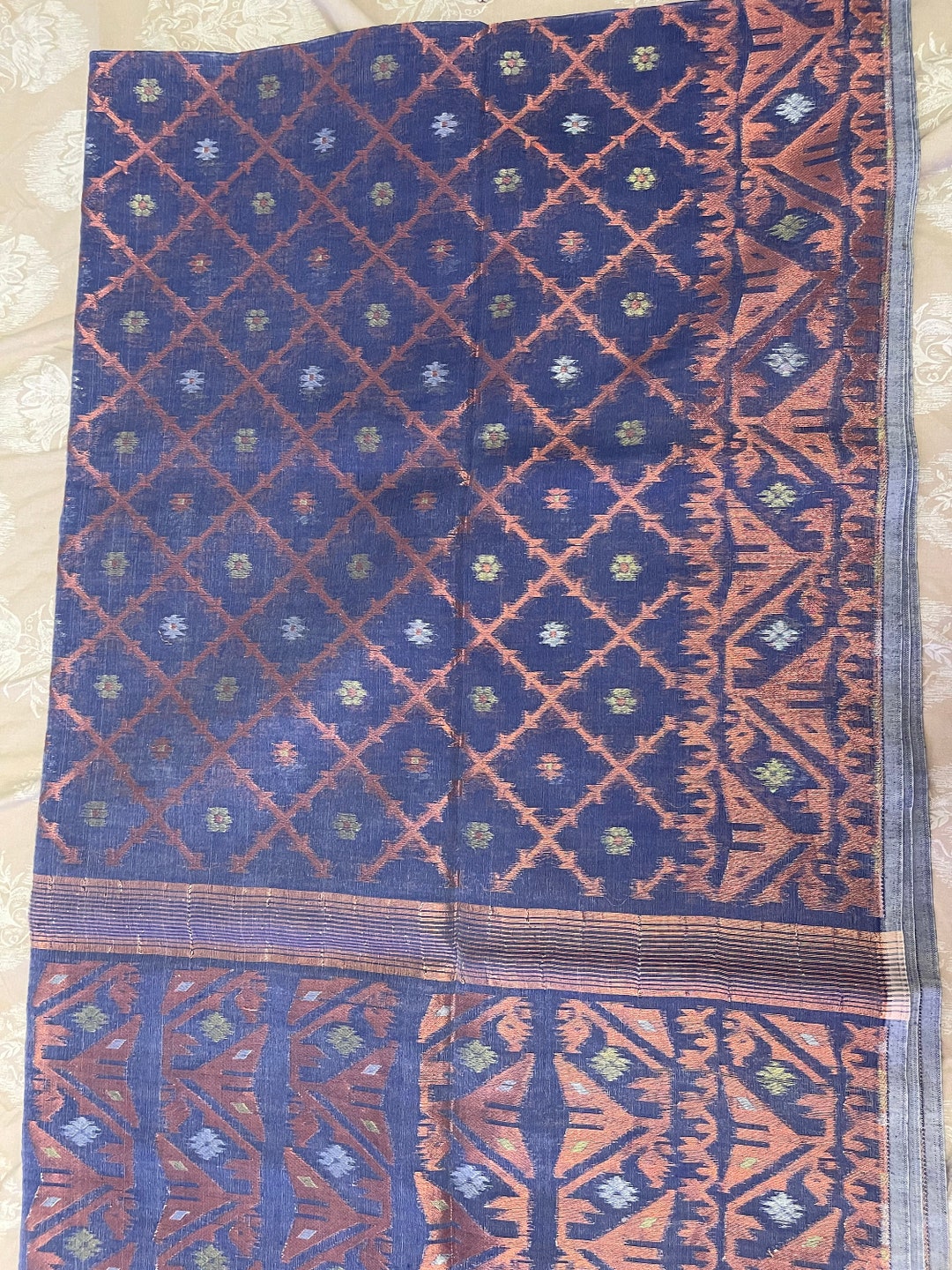 Light Blue Jamdani Saree With All Over Golden Zari Work. - Etsy