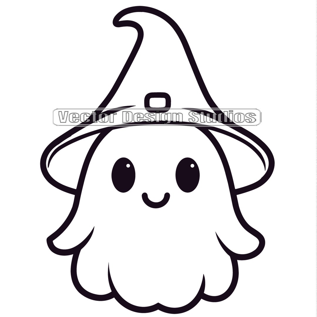 Cute Ghost With Witch Hat Svg File Graphic, Halloween Silhouette Vector ...