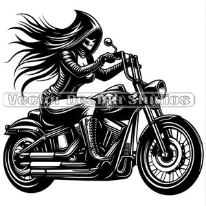Biker Girl Svg & PNG Files, Woman Skull Motorcycle Clipart Silhouette ...