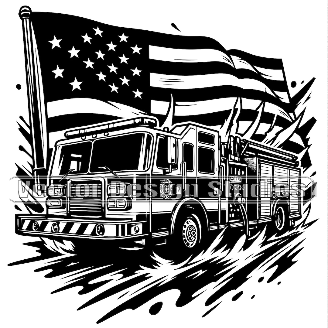 Firetruck USA Flag Clipart, Patriotic Firefighter Vector (digital ...