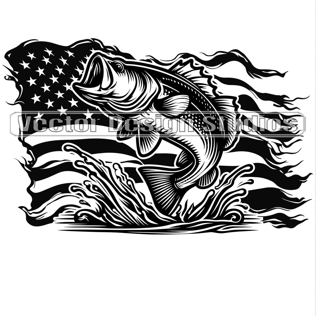 Bass Fishing USA Flag Svg & PNG Files, Bass Fish Clipart, American Flag ...