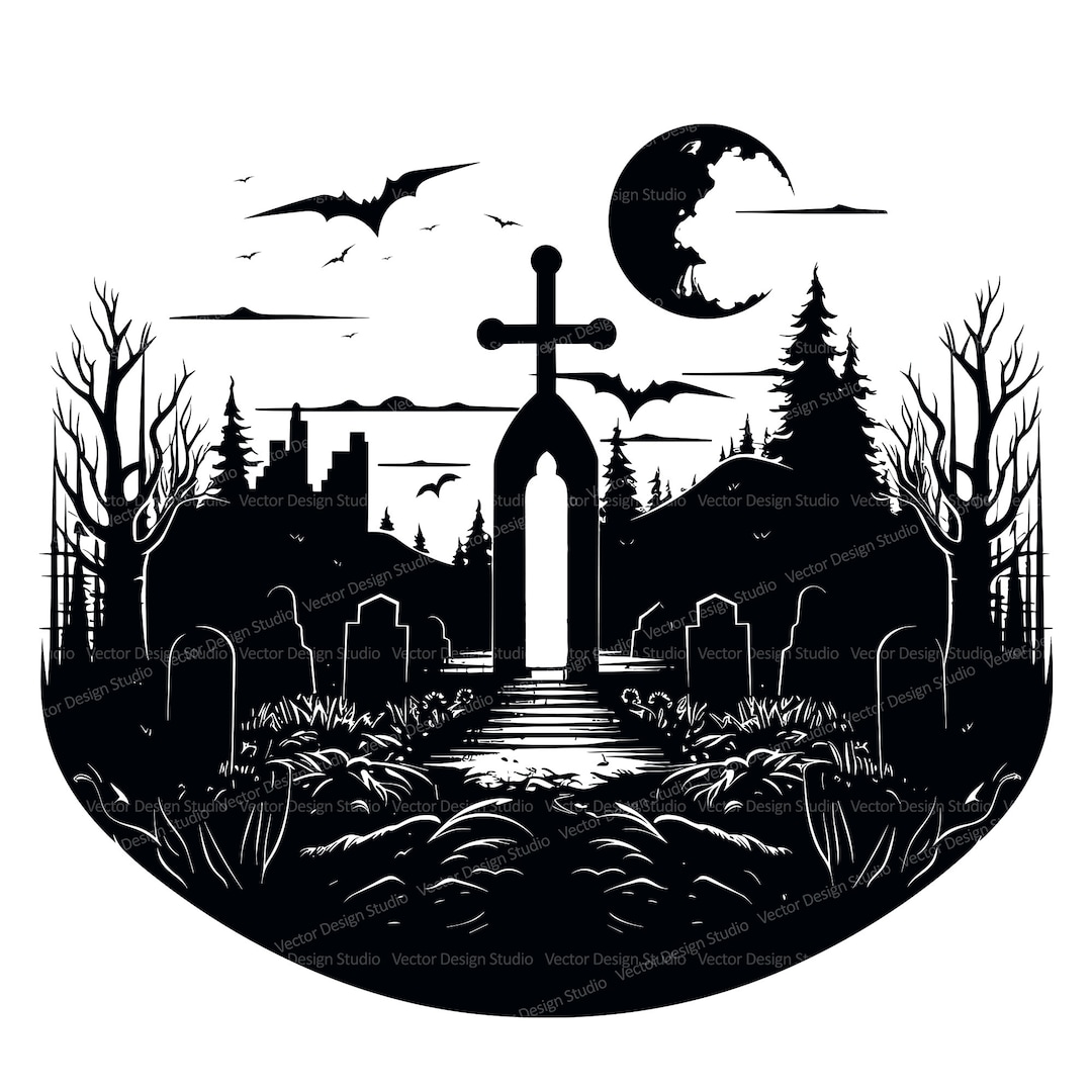 Haunted Graveyard Drawing Halloween Graveyard With Tombstone Svg & Png