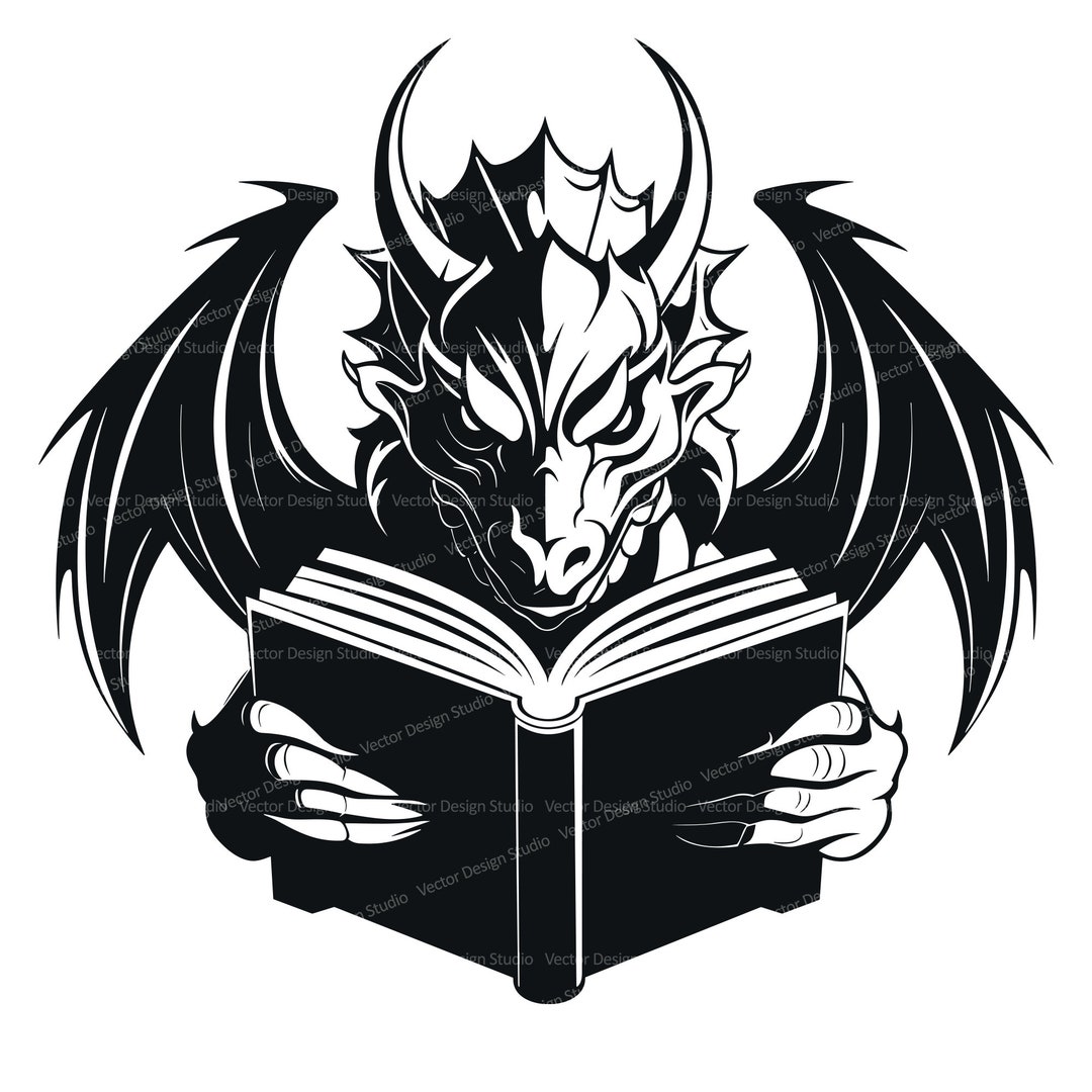 Dragon Reading Books Svg & PNG Files, Fantasy Clipart Silhouette ...