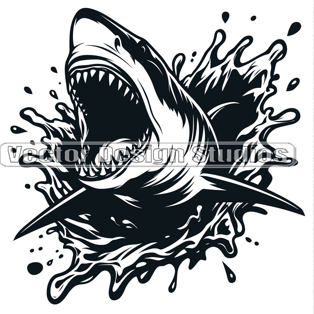 Great White Shark Svg With Water Splash PNG Files, Ocean Shark Face ...